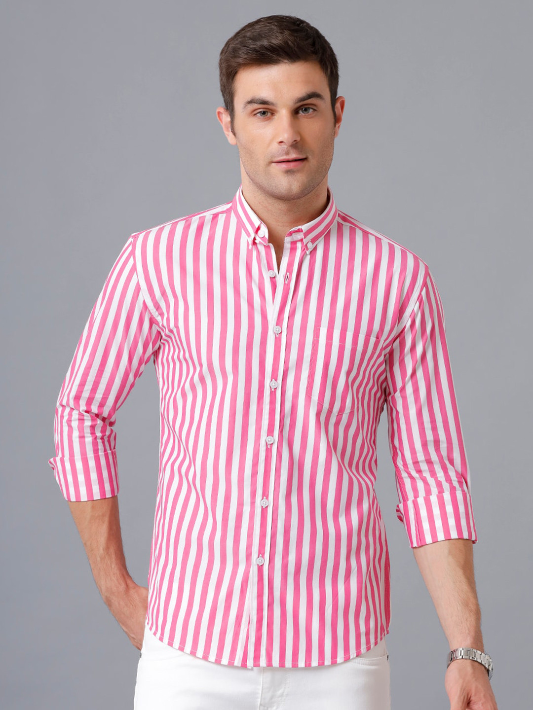 Buy YOVISH Men Pink Smart Slim Fit Striped Casual Shirt - Shirts for ...