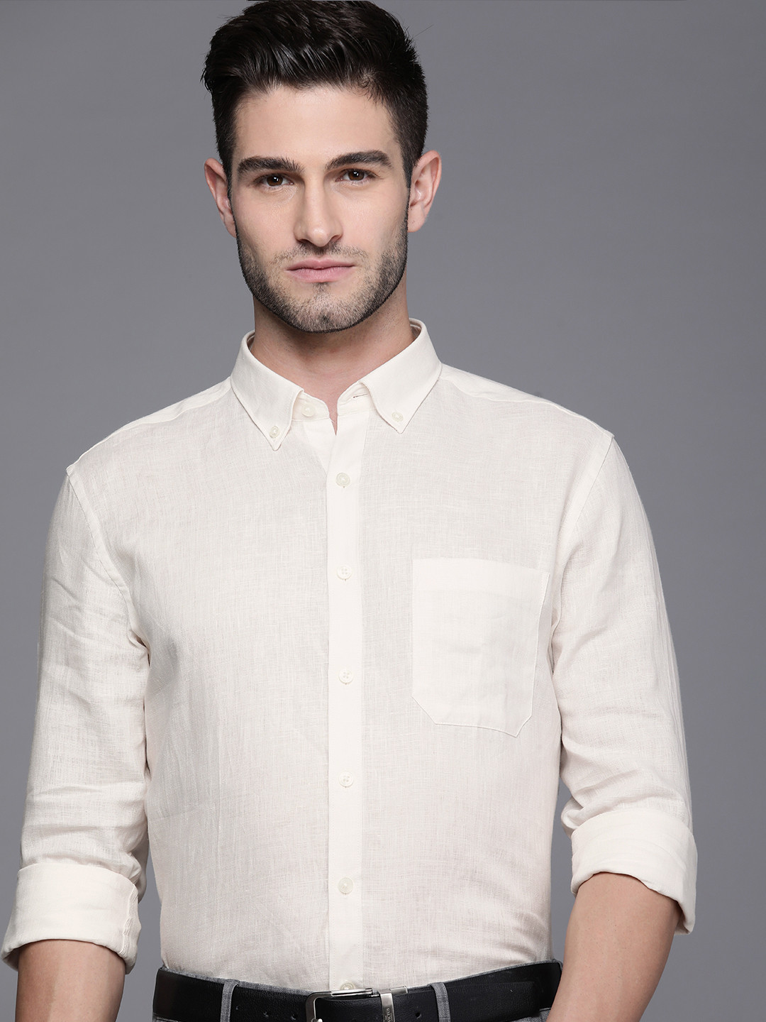 Buy Louis Philippe Men Cream Coloured Solid Slim Fit Formal Shirt ...