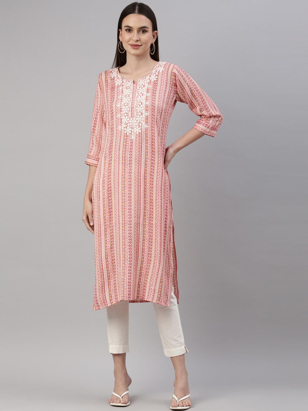 Buy GOLDSTROMS Women Peach Coloured Striped Jacquard Kurta - Kurtas for ...