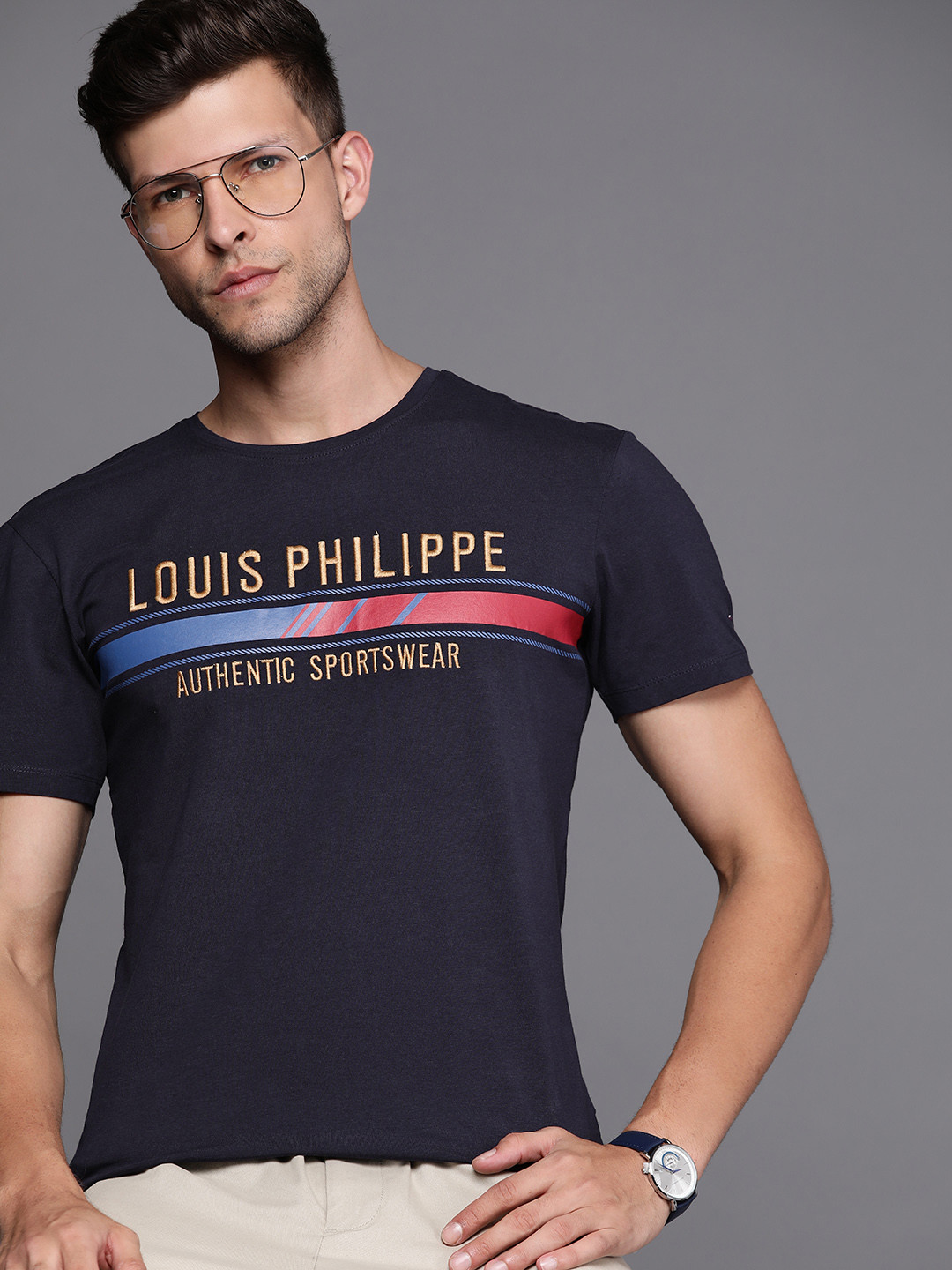 Buy Louis Philippe Sport Men Navy Blue Brand Logo Embroidered Slim Fit ...