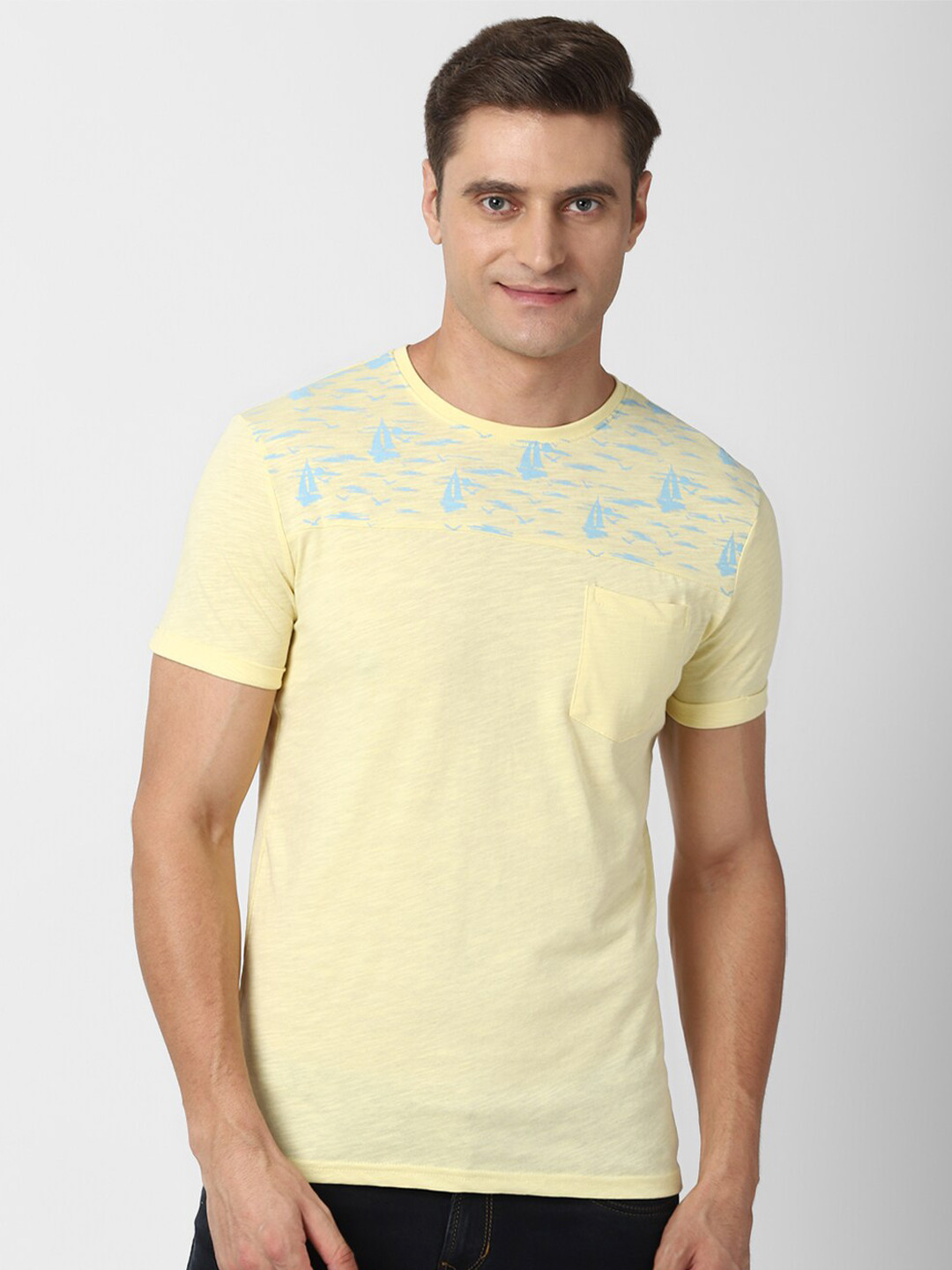Buy Peter England Casuals Men Yellow Typography Printed Slim Fit T ...