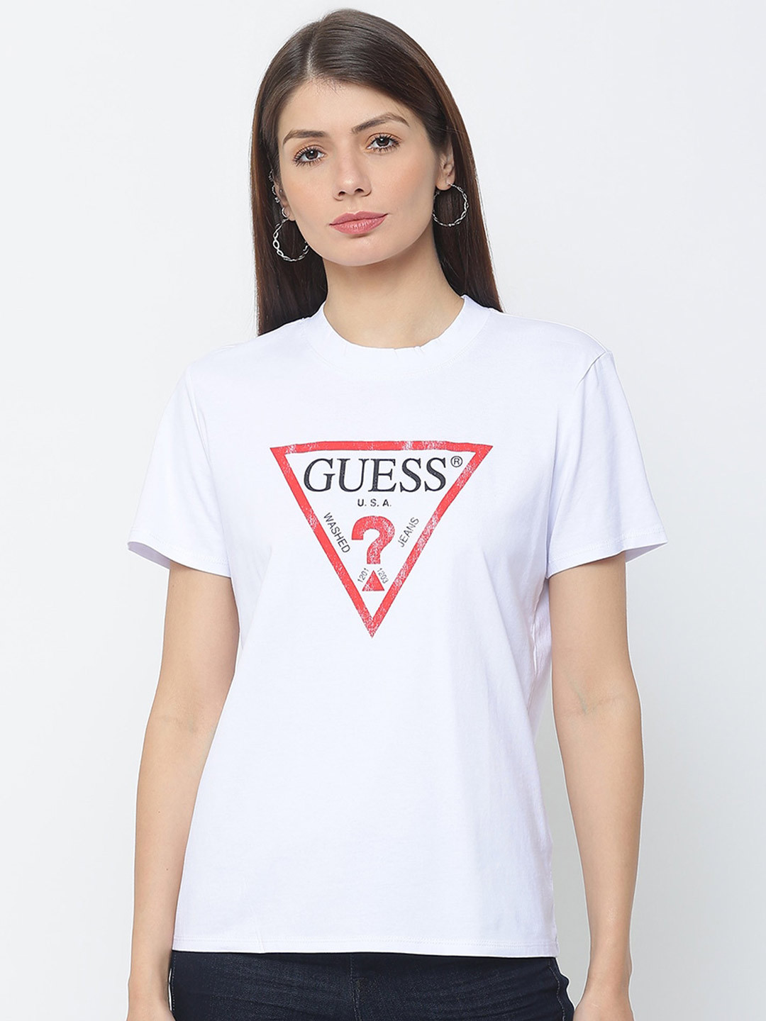 Buy GUESS Women White Typography Printed Outdoor T Shirt - Tshirts for ...
