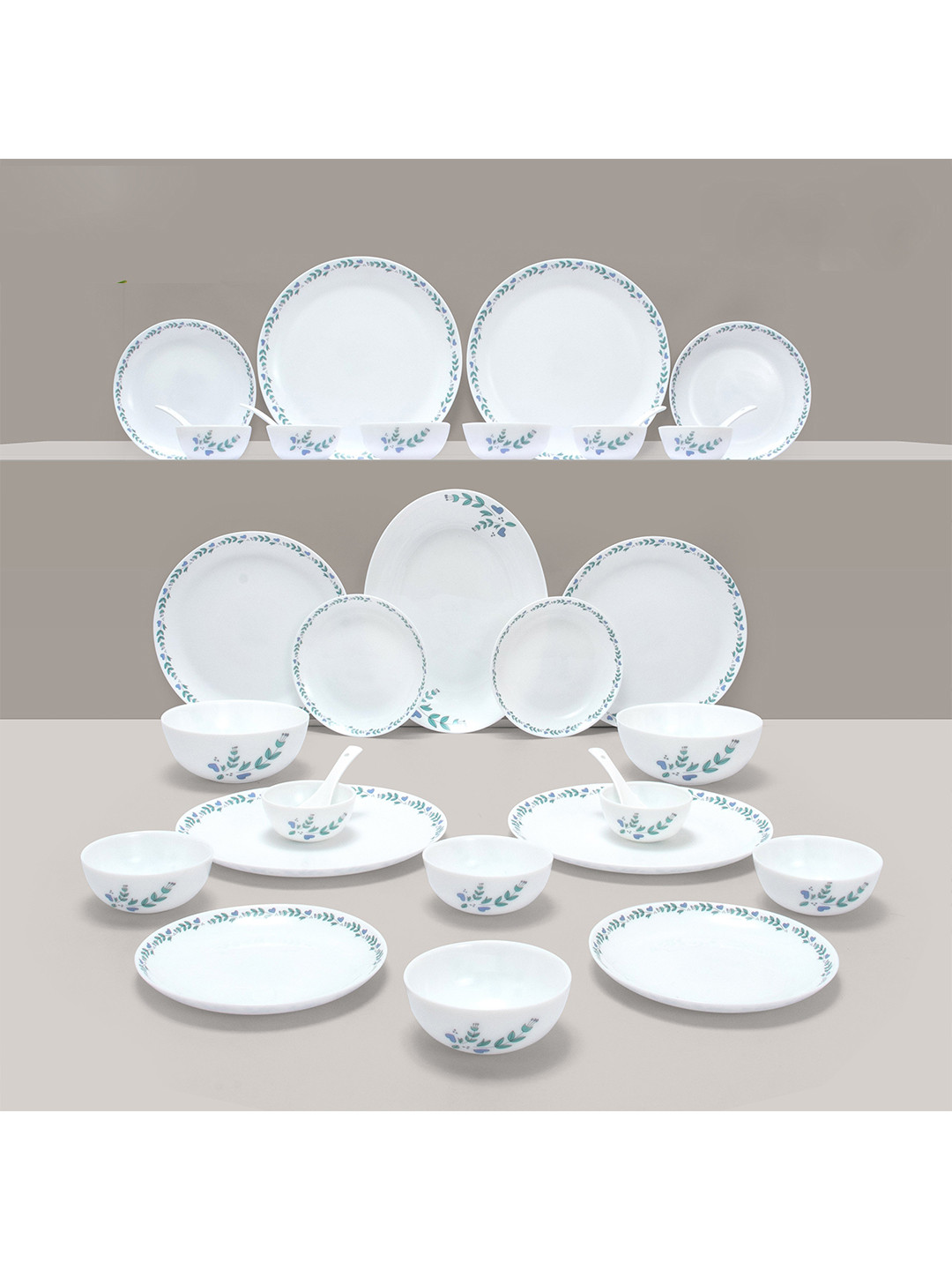 Buy Athome By Nilkamal White & Blue 33 Pieces Printed Opalware Glossy ...