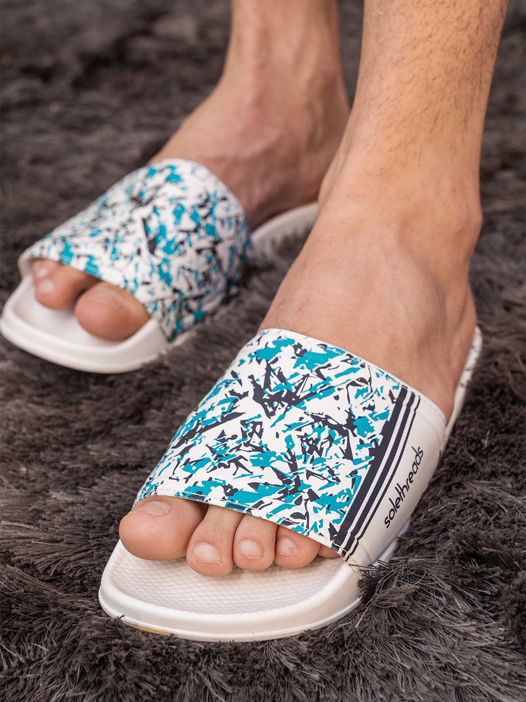 Buy Solethreads Men White & Blue Printed Sliders - Flip Flops for Men ...