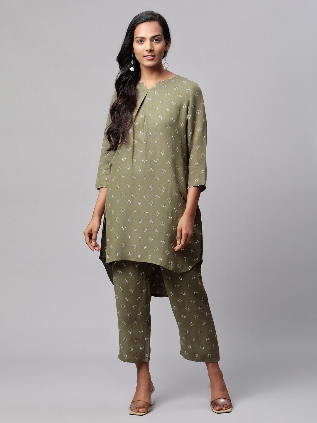 Buy Linen Club Woman Olive Green Linen Printed Sustainable Tunic ...