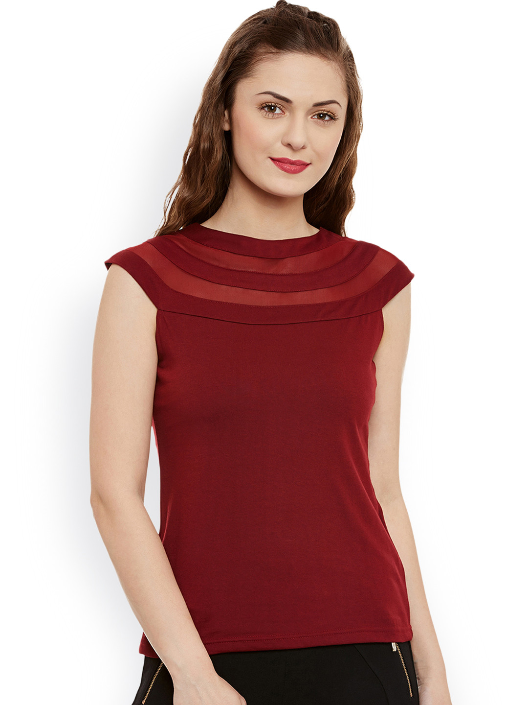Buy Miss Chase Maroon Pure Cotton Top With Sheer Detail - Tops for ...
