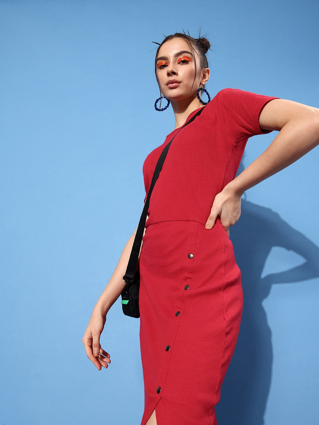 Buy Moda Rapido Red Ribbed Sheath Midi Dress With Front Slit - Dresses ...