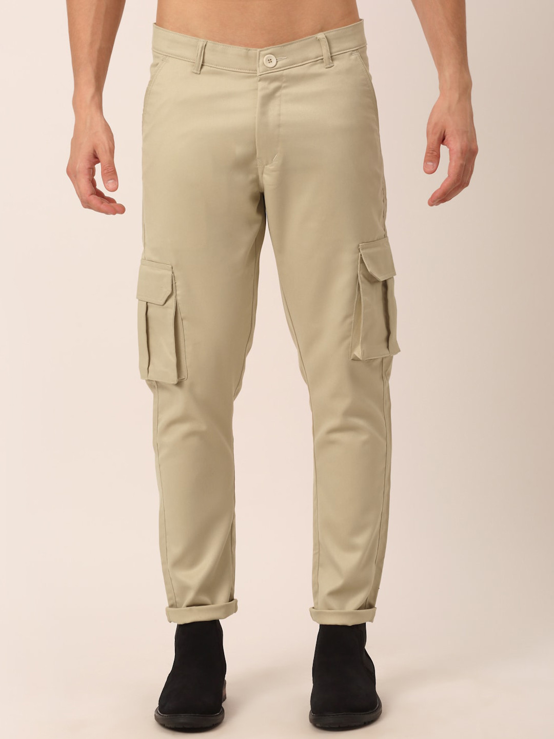 Buy JAINISH Men Cream Coloured Smart Slim Fit Pure Cotton Cargos ...