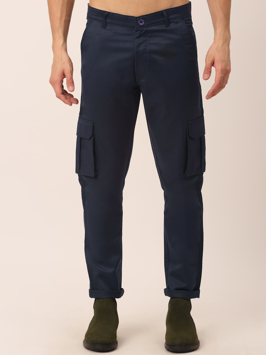 Buy JAINISH Men Navy Blue Smart Slim Fit Pure Cotton Cargos Trousers ...