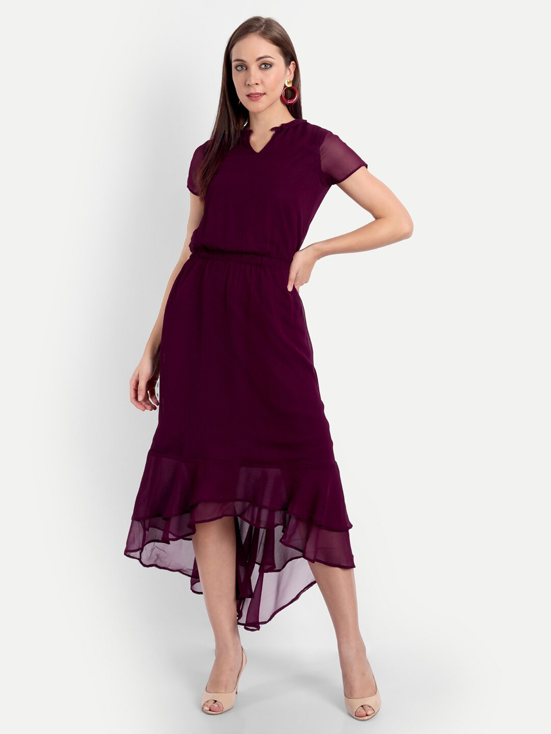 Buy CHARMGAL Women High Low Ruffled Hem Fit And Flare Maroon Maxi ...