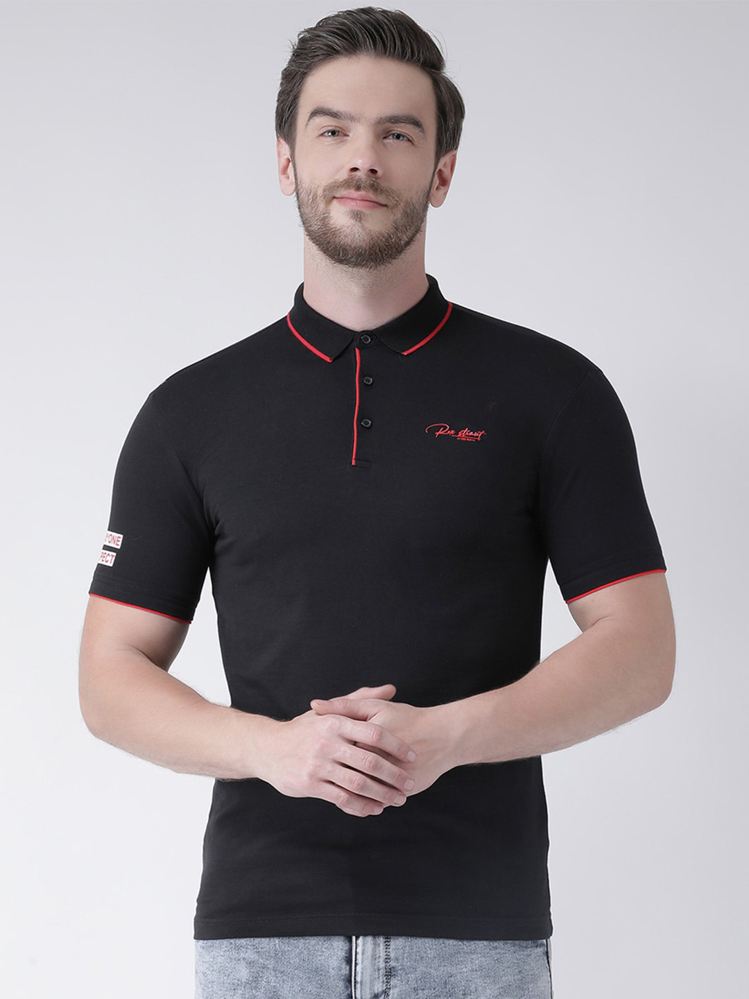 Buy Rex Straut Jeans Men Black Polo Collar Slim Fit Cotton T Shirt ...