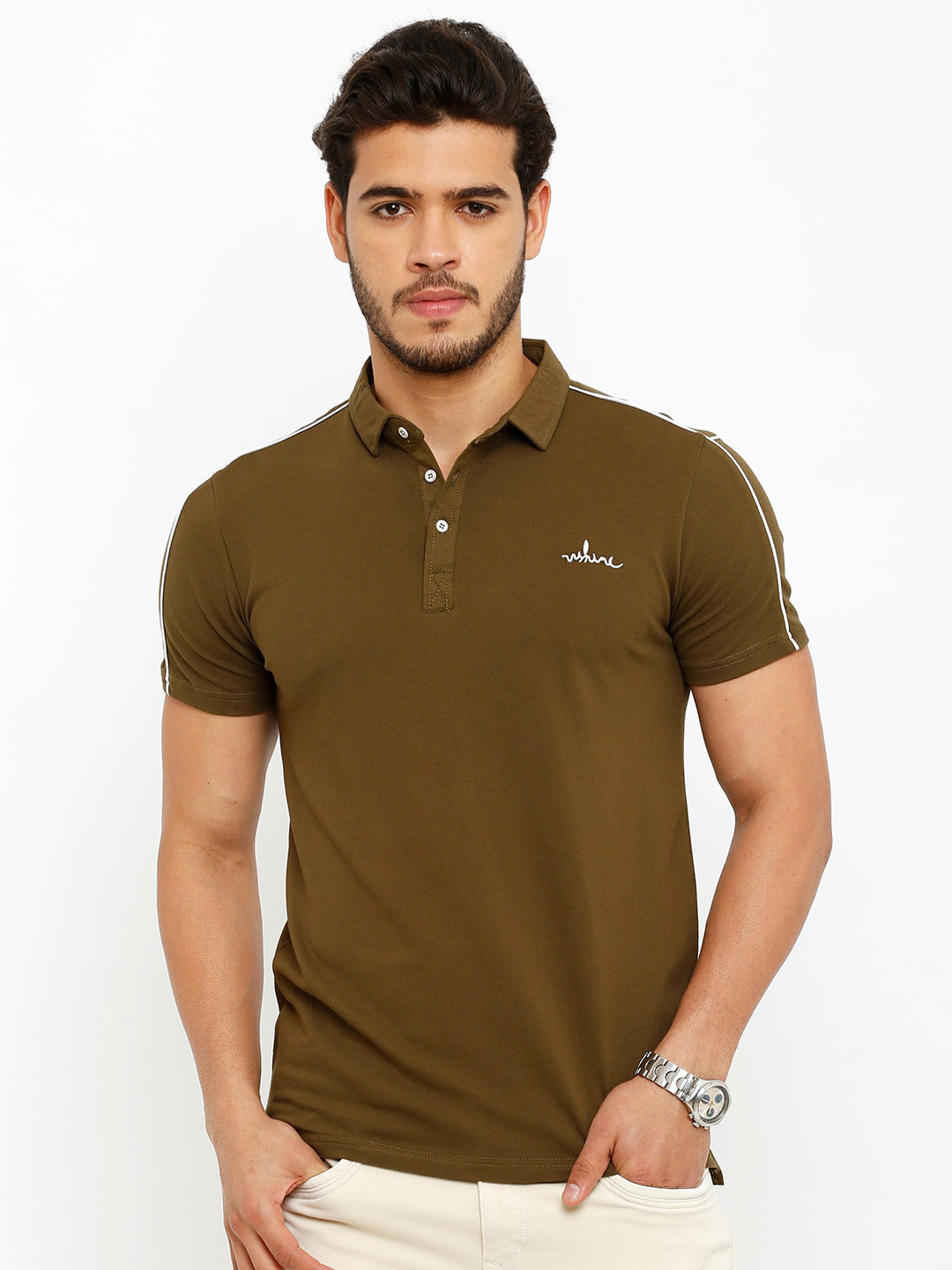 Buy Rex Straut Jeans Men Olive Green Polo Collar Slim Fit T Shirt ...