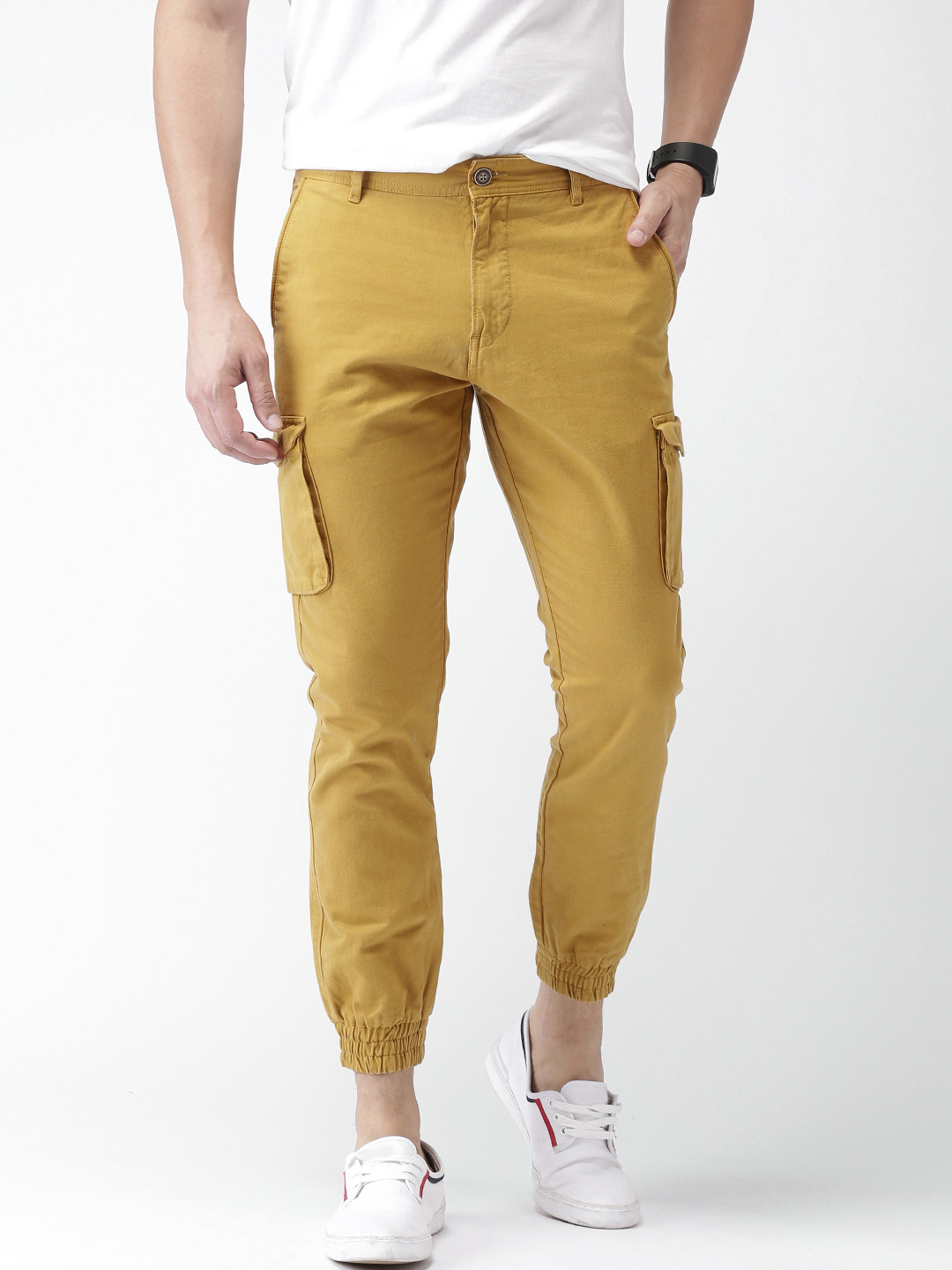 Buy Mast & Harbour Men Mustard Yellow Regular Fit Solid Cargos ...