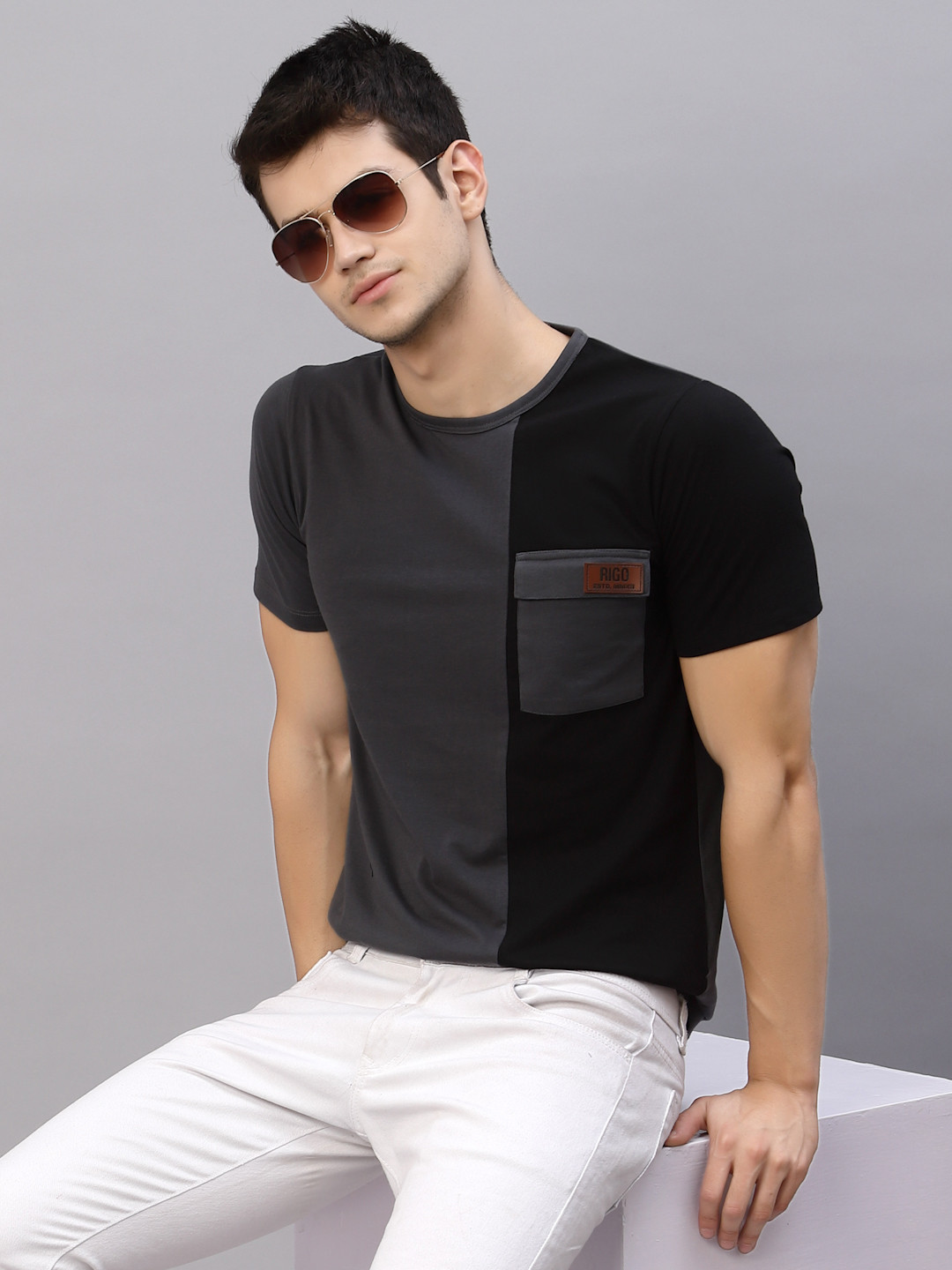 Buy Rigo Men Dark Grey Black Cut & Sew Round Neck Cotton Half Sleeve T ...