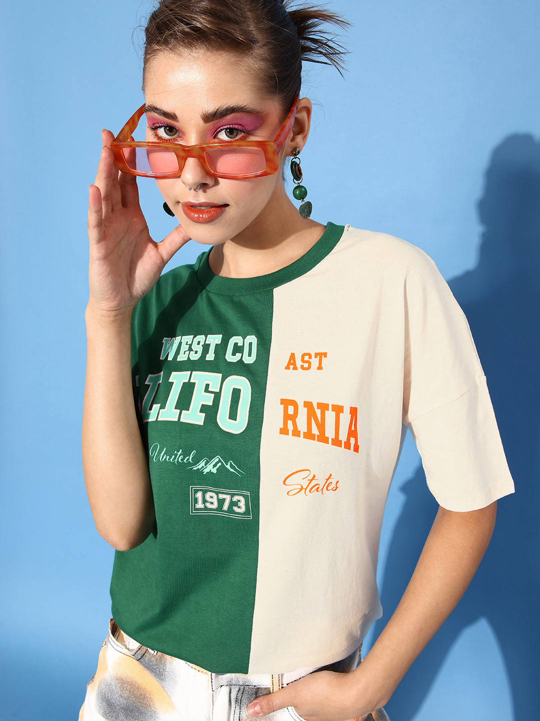 Buy Moda Rapido Women Green Typography Printed Pure Cotton T Shirt ...