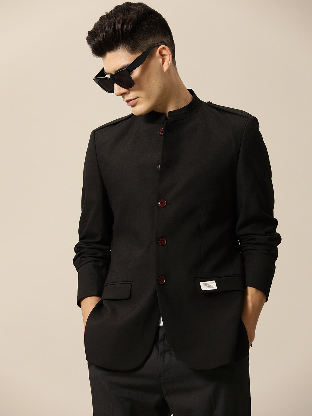Buy Mr Bowerbird Men Mandarin Collar Bandgala Blazer With Flap Pockets ...