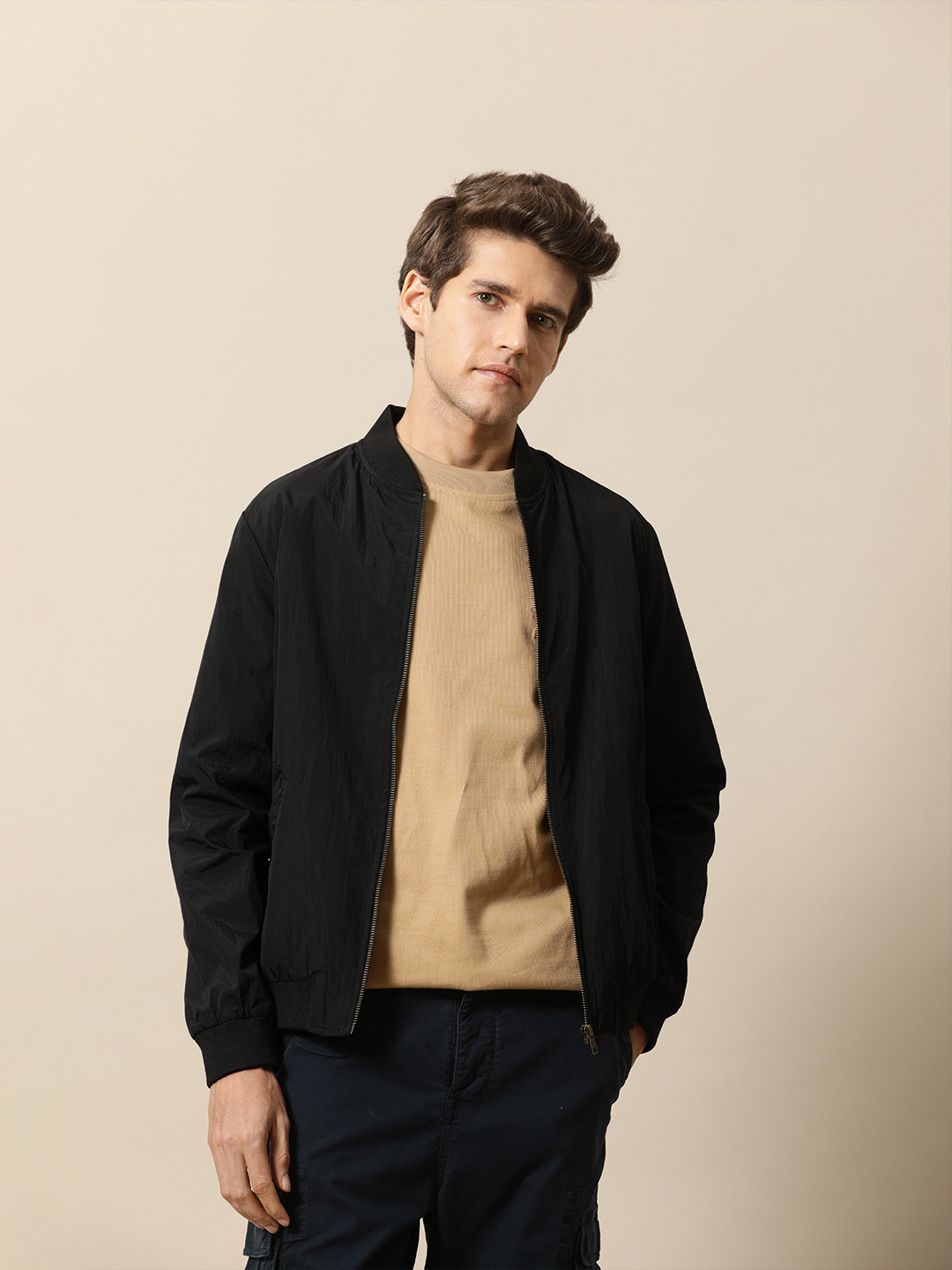 Buy Mr Bowerbird Men Black Solid Lightweight Mandarin Collar Bomber ...