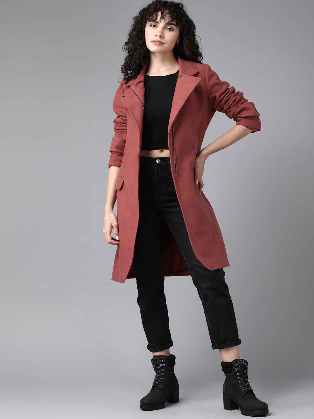 Buy Roadster Women Rust Red Solid Longline Tailored Jacket - Jackets ...