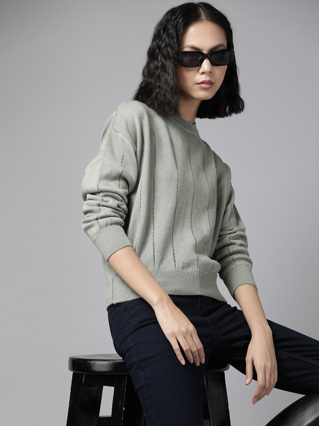 Buy The Roadster Lifestyle Co. Women Green Self Design Pullover ...