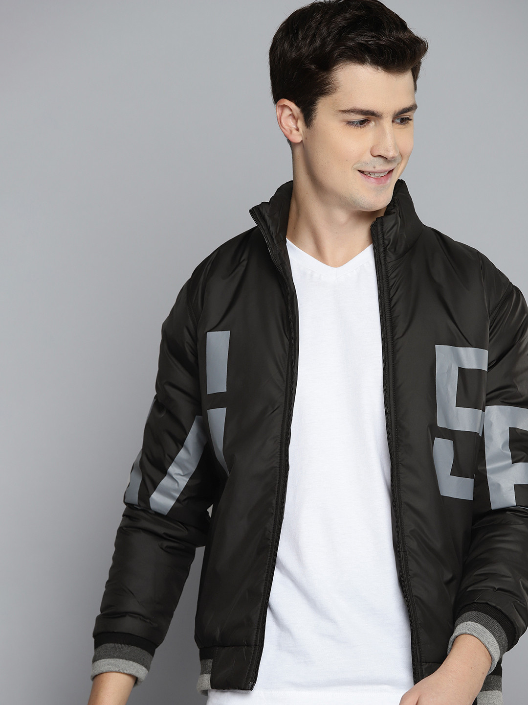 Buy HERE&NOW Men Black & Grey Typography Bomber Jacket - Jackets for ...