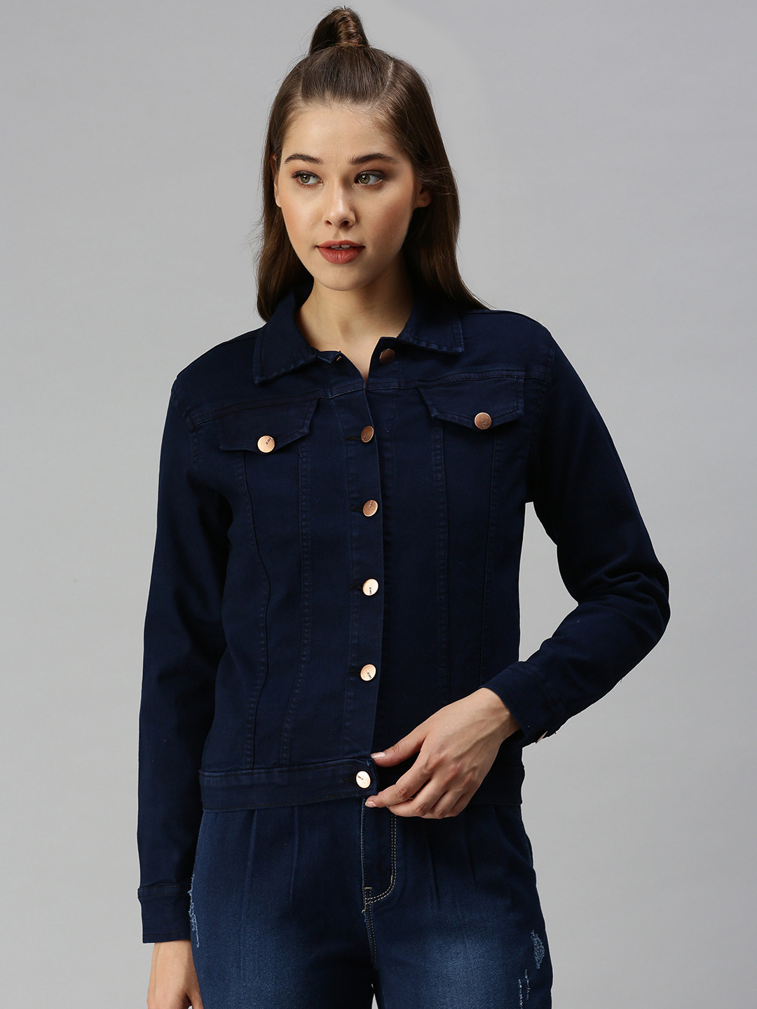 Buy SHOWOFF Women Navy Blue Denim Jacket - Jackets for Women 18247936 ...