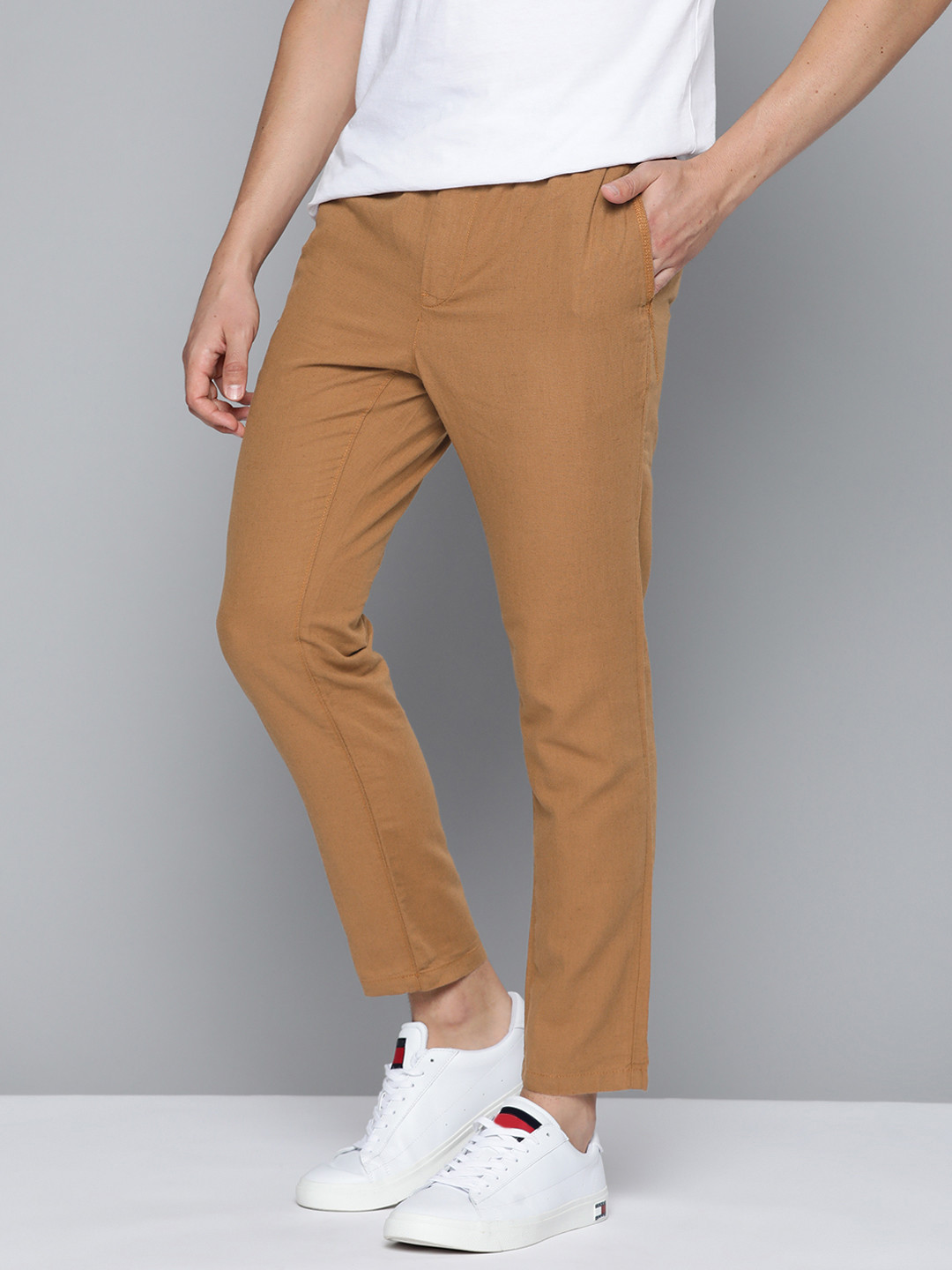 Buy Mast & Harbour Men Brown Solid Cotton Linen Trousers - Trousers for ...