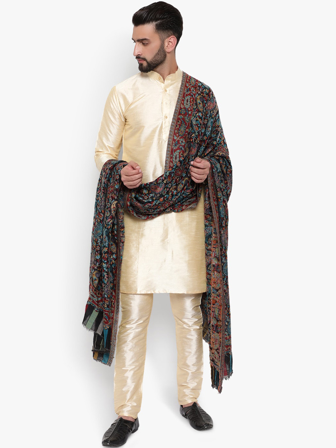 Buy Mizash Men Black Woven Design Floral Paisley Pattern Kashmiri Wool ...