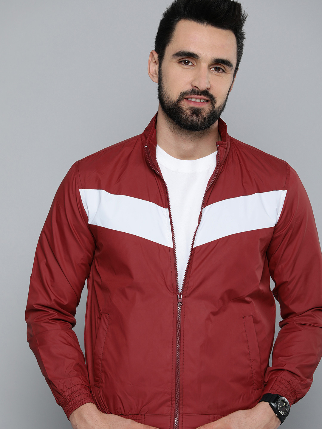 Buy HERE&NOW Men Maroon & White Striped Mock Collar Bomber Jacket ...