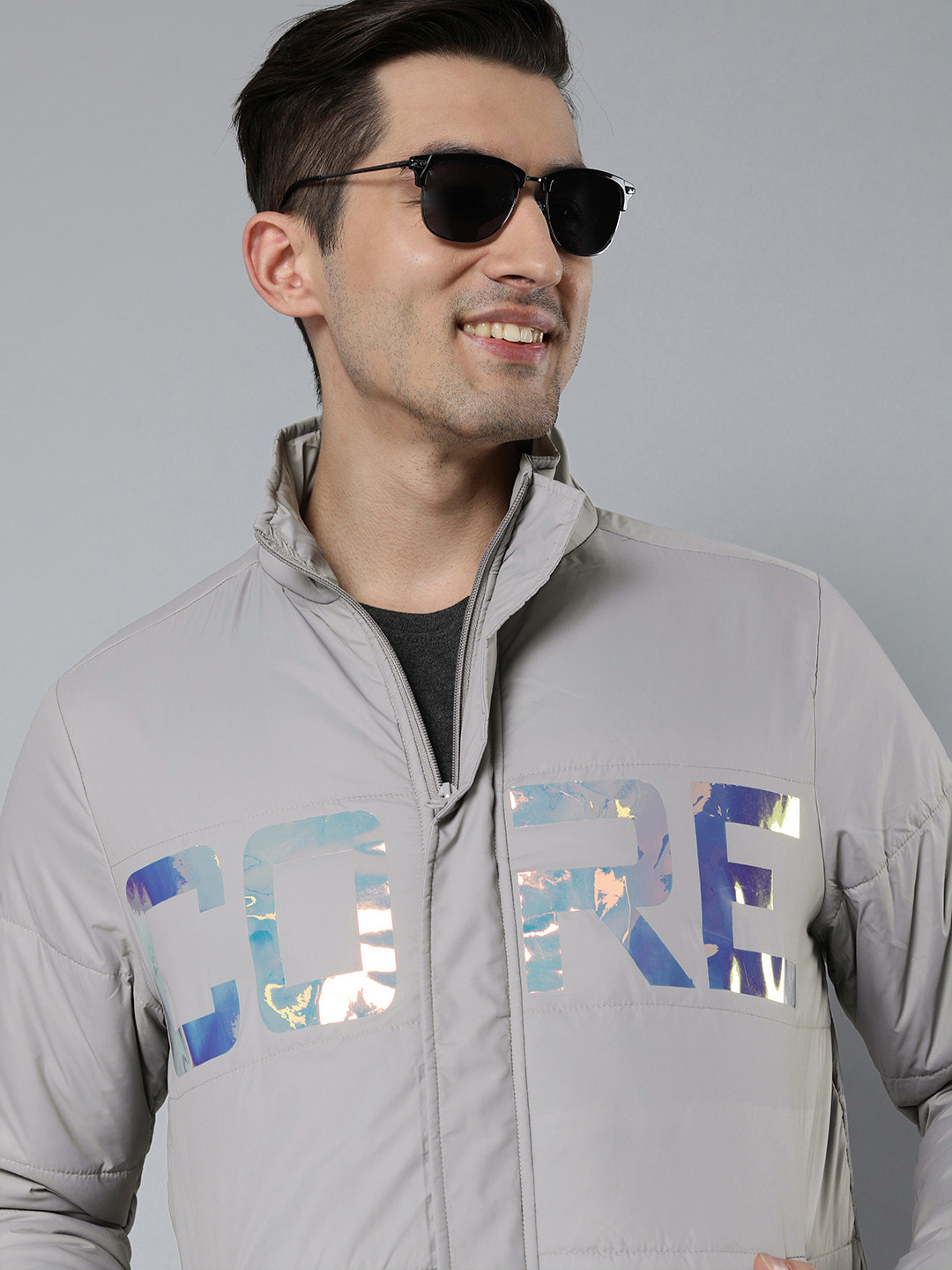 Buy HERE&NOW Men Grey Typography Reflective Strip Padded Jacket ...