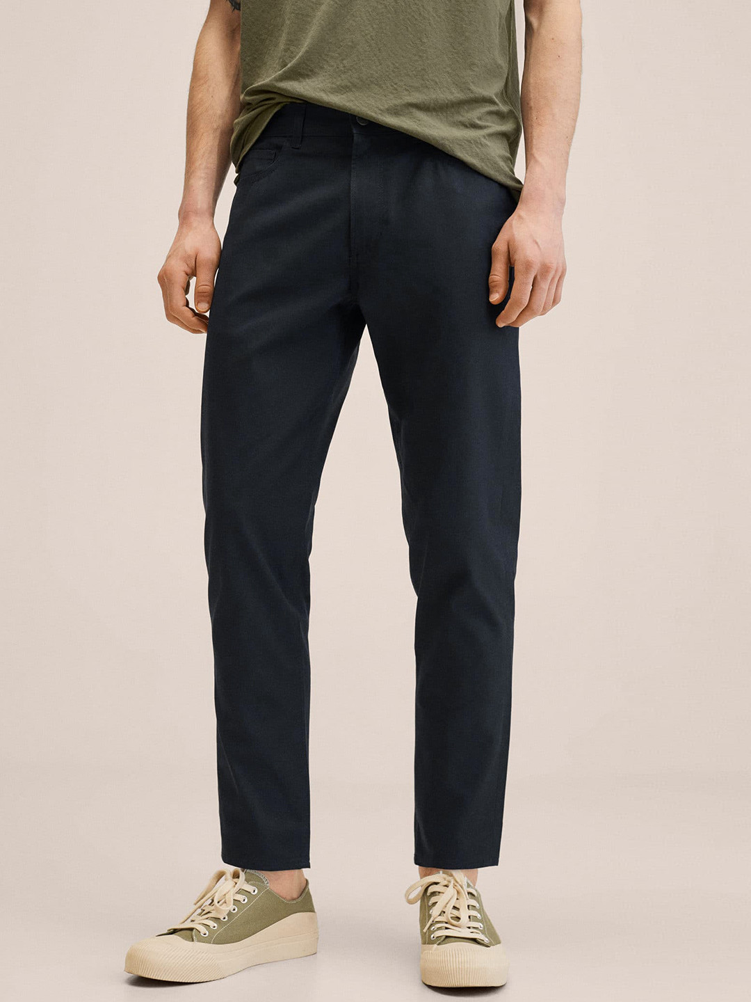 Buy MANGO MAN Navy Blue Solid Pure Cotton Tapered Fit Trousers ...