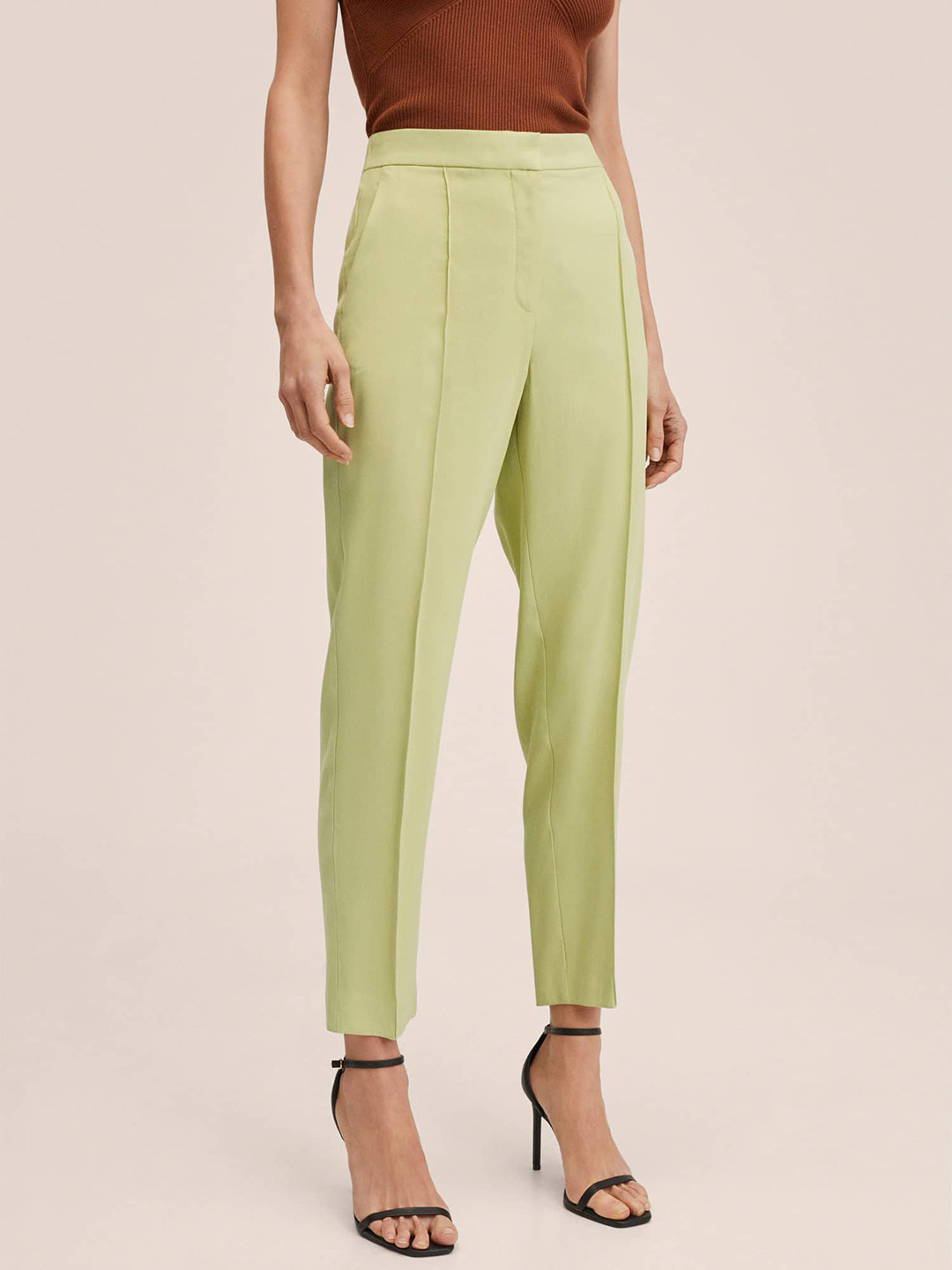 Buy MANGO Women Green Straight Fit Pleated Trousers - Trousers for ...