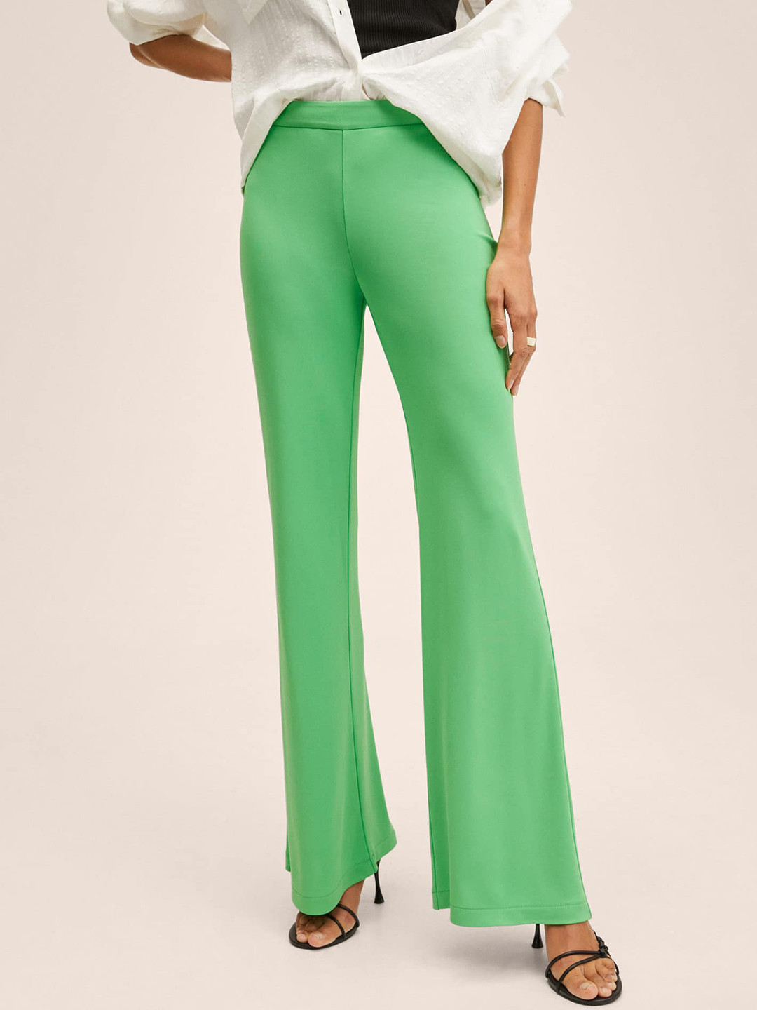 Buy MANGO Women Green Solid Flared Trousers - Trousers for Women ...
