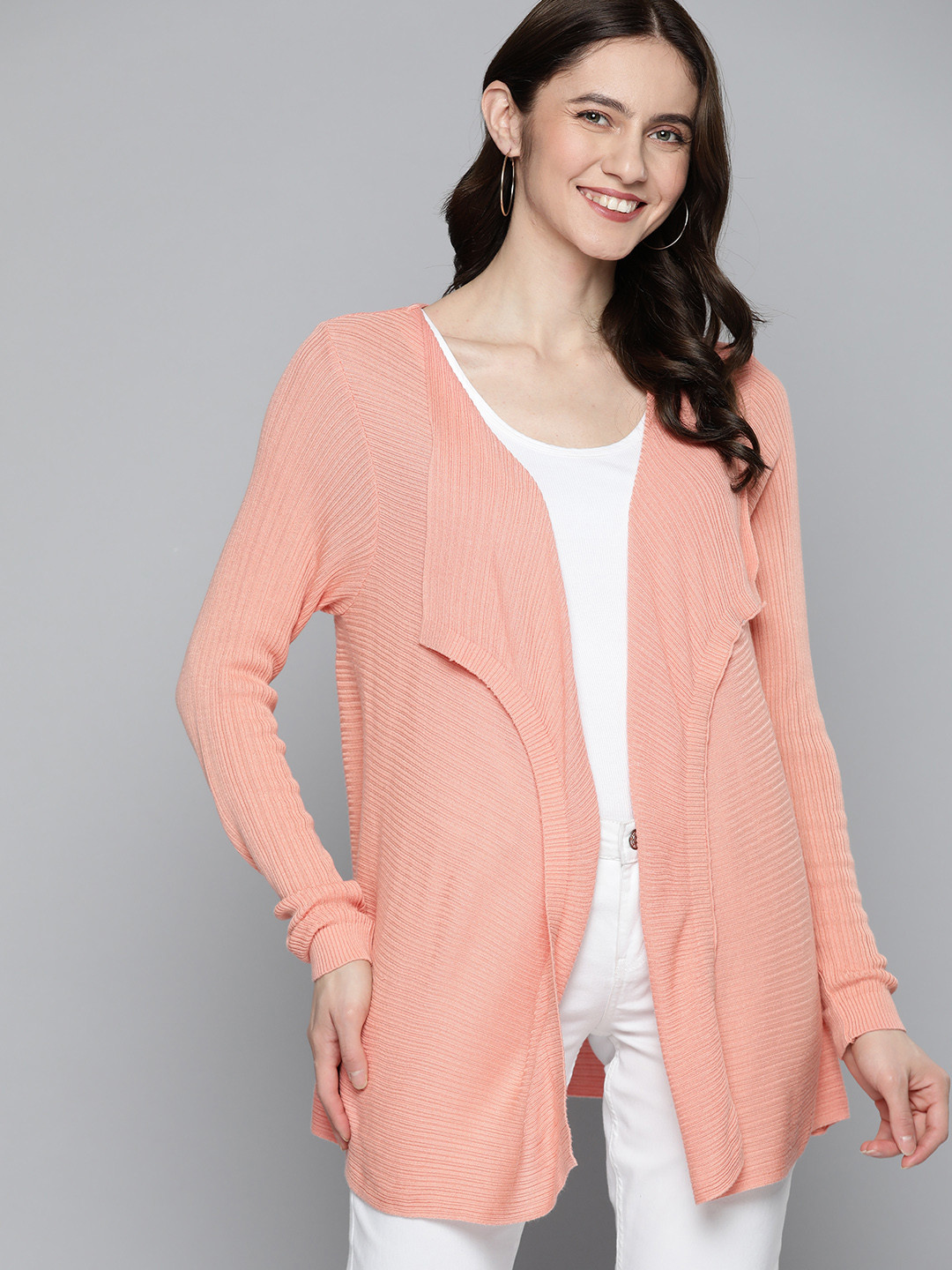 Buy Mast & Harbour Women Peach Coloured Textured Acrylic Front Open ...