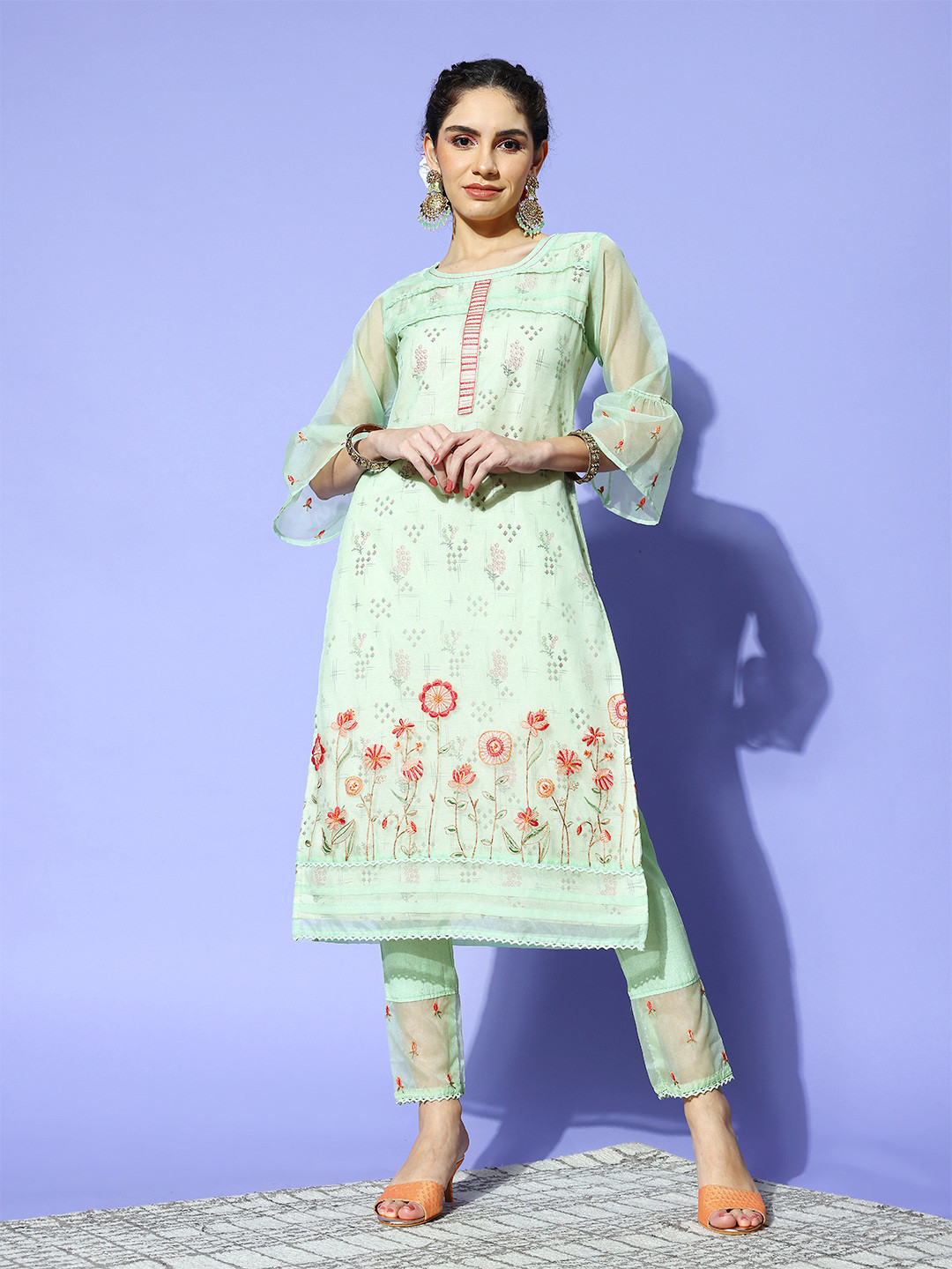 Buy Indo Era Women Green Silk Blend Pakistani Suit Kurta Set - Kurta ...