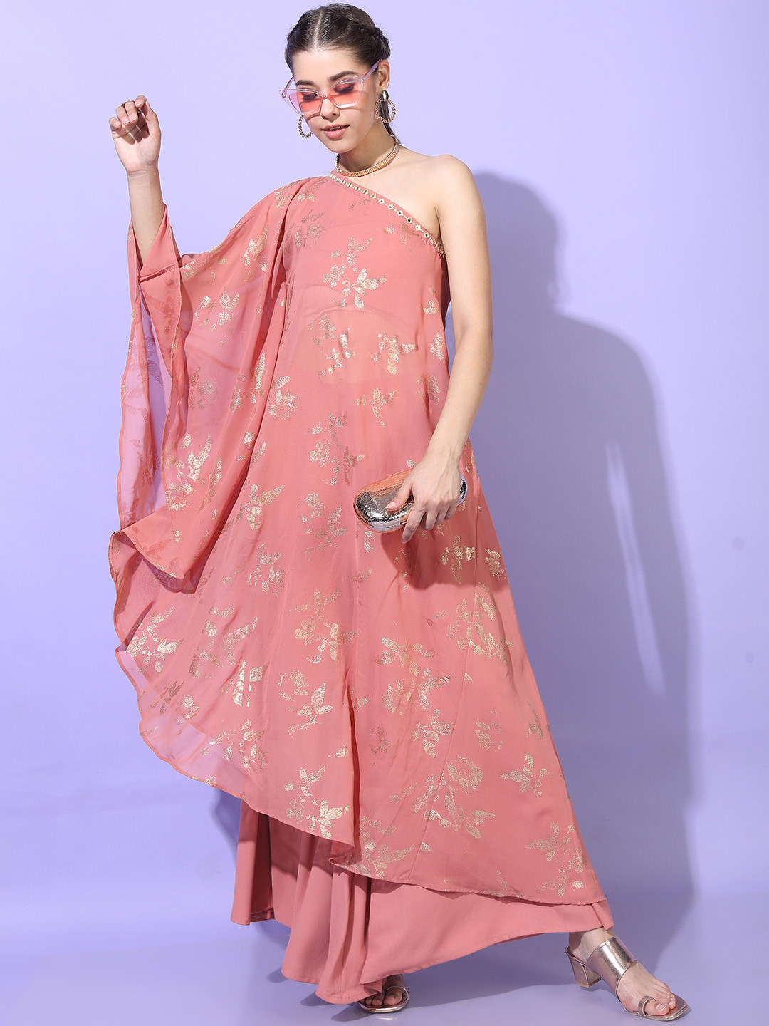 Buy Vishudh Women Orange Floral Embroidered Pleated Kurti With Sharara ...