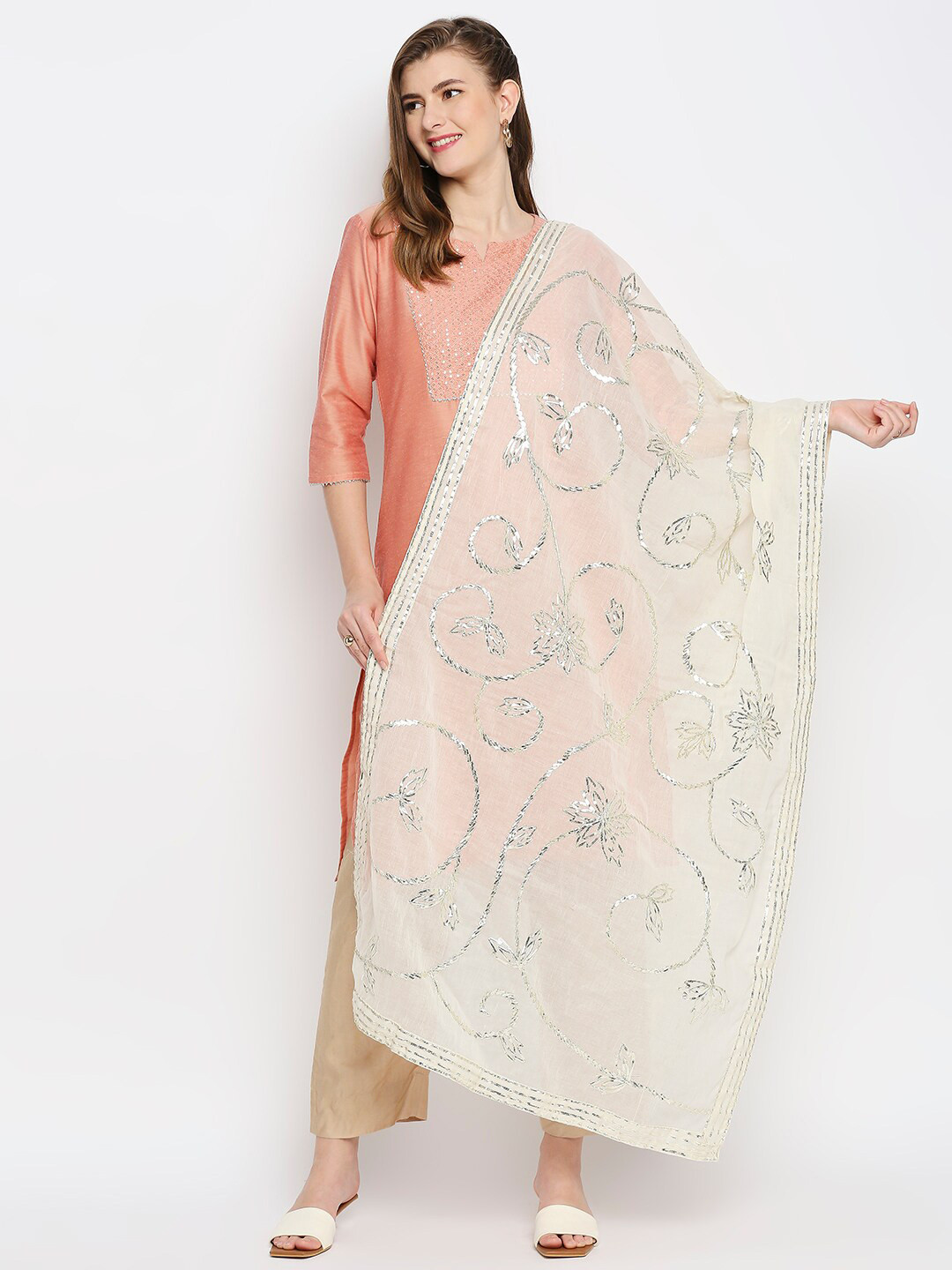 Buy Dupatta Bazaar Cream Coloured & Silver Toned Embroidered Pure ...