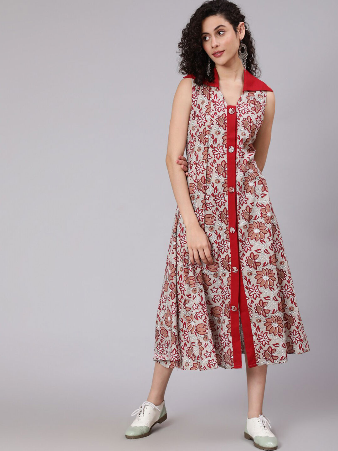 Buy Awadhi Maroon & White Ethnic Motifs Printed Cotton A Line Midi ...