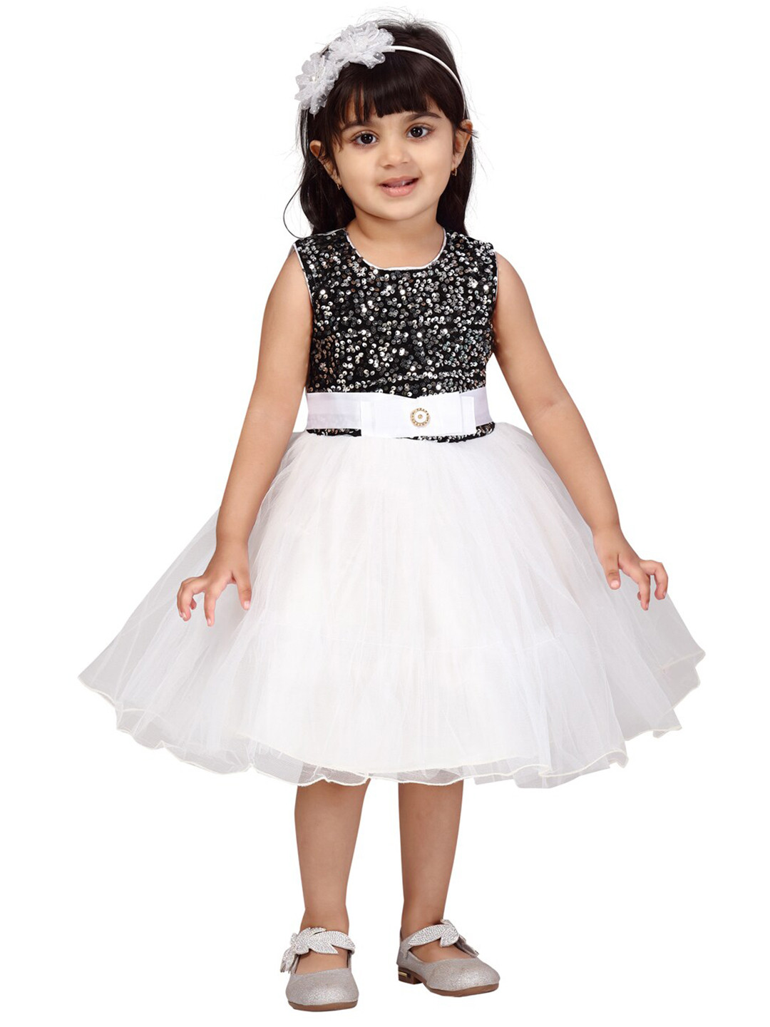 Buy Aarika Girls White & Black Embellished Net Dress - Dresses for ...
