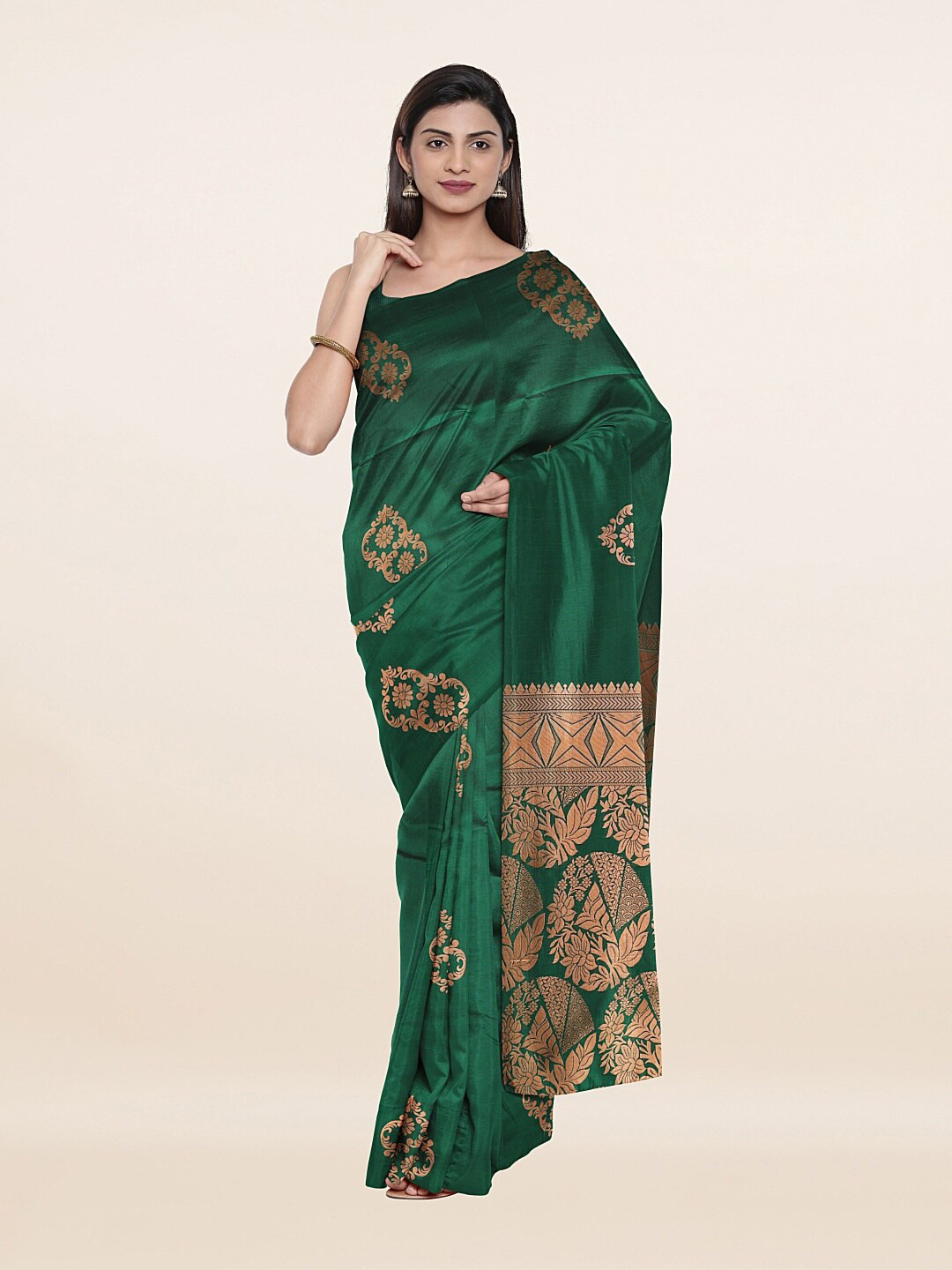 Buy Pothys Green & Gold Toned Woven Design Silk Saree - Sarees for ...