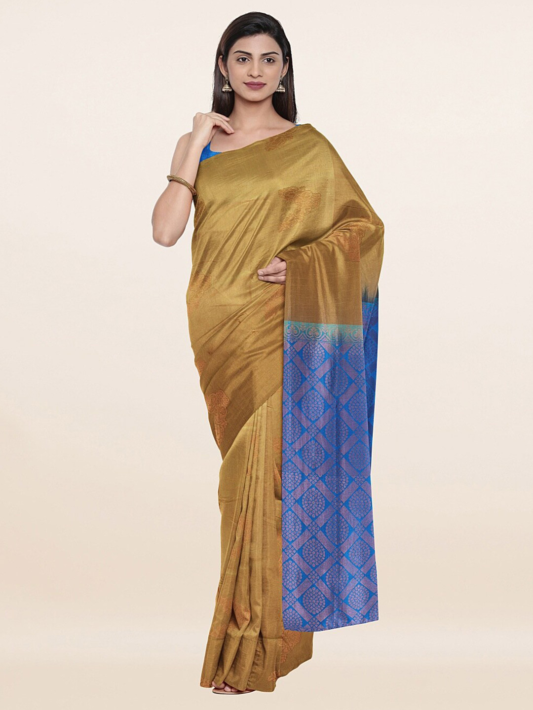 Buy Pothys Gold Toned & Blue Ethnic Motifs Zari Art Silk Saree - Sarees ...