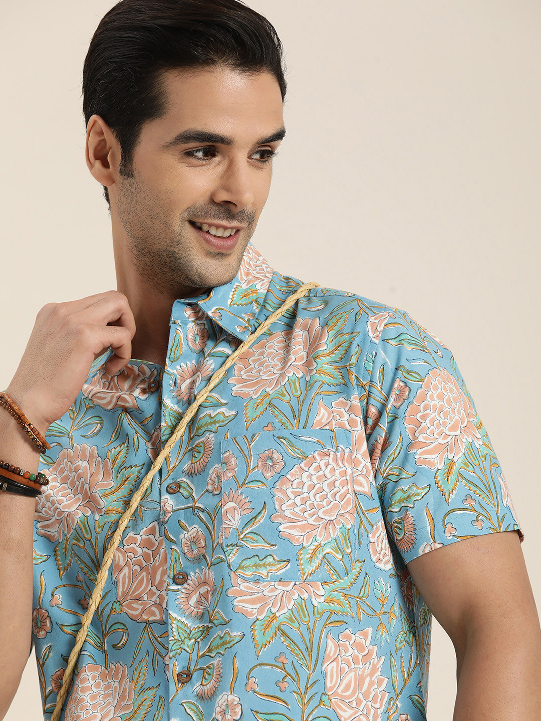 Buy Taavi Men Blue & Pink Handblock Floral Printed Casual Shirt ...