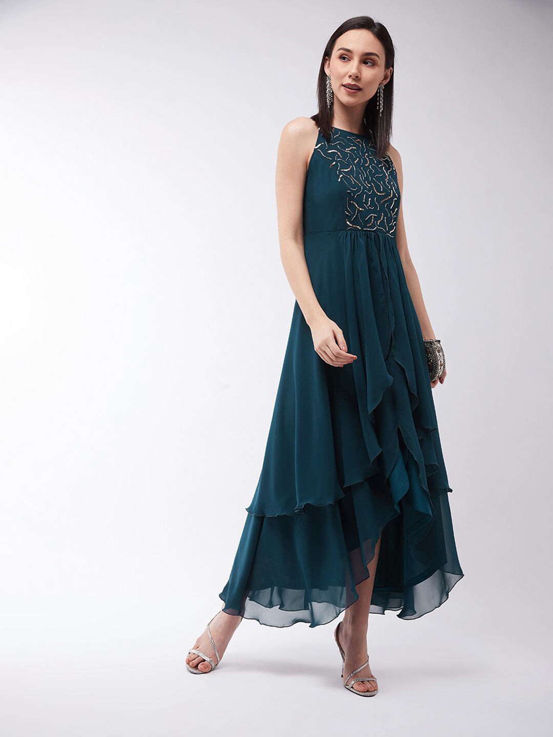 Buy Miss Chase Teal Embellished Georgette Maxi Dress - Dresses for ...