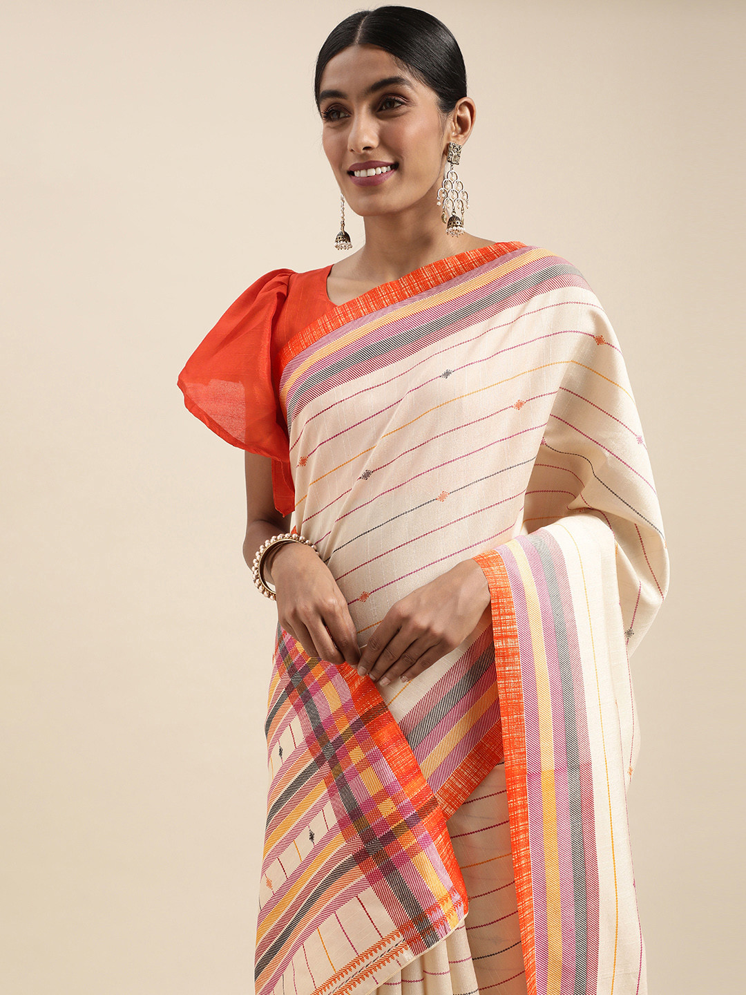 Buy Saree Mall Beige & Orange Striped Art Silk Block Print Saree ...