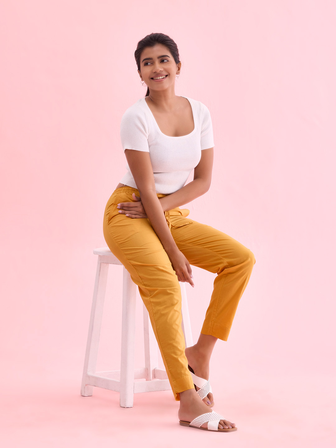 Buy Go Colors Women Mustard Yellow Tapered Fit Chinos Trousers ...