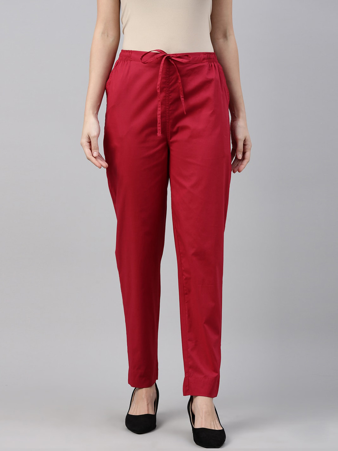 Buy Go Colors Women Red Tapered Fit Trousers - Trousers for Women ...