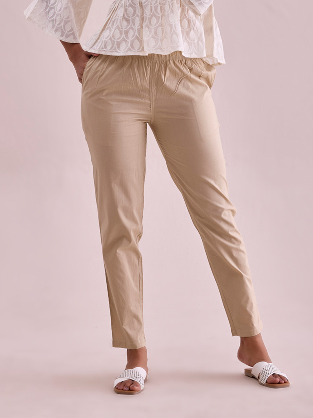 Buy Go Colors Women Beige Tapered Fit Chinos Trousers - Trousers for ...