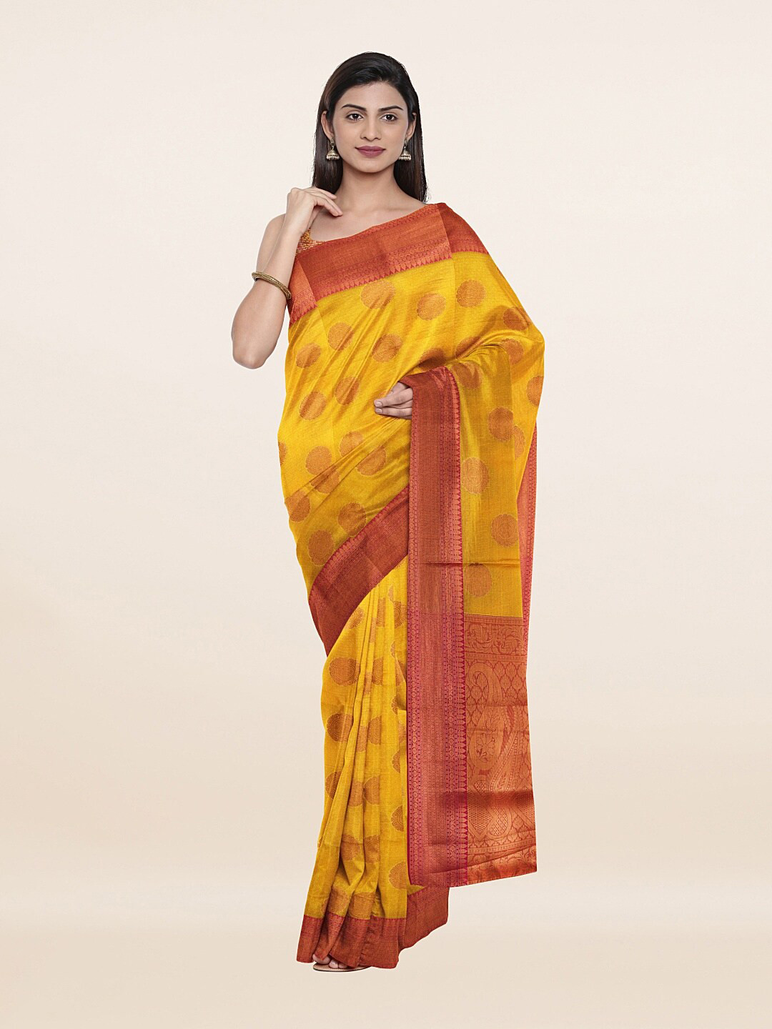 Buy Pothys Yellow & Red Ethnic Motifs Zari Banarasi Saree - Sarees for ...