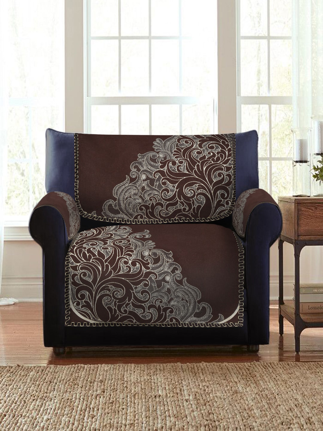 Buy MULTITEX 12 Pieces Brown & White Printed Jacquard 5 Seater Sofa ...