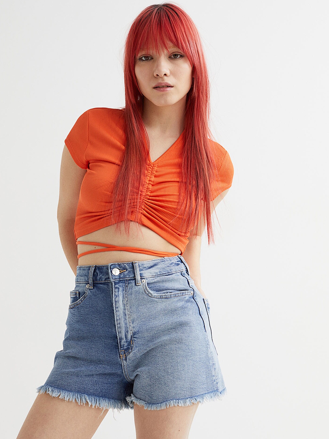 Buy Handm Women Blue High Waist Denim Shorts Shorts For Women 18305320 Myntra