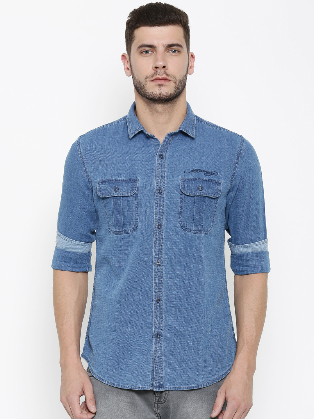 Buy Ed Hardy Men Blue Slim Fit Solid Denim Shirt - Shirts for Men ...